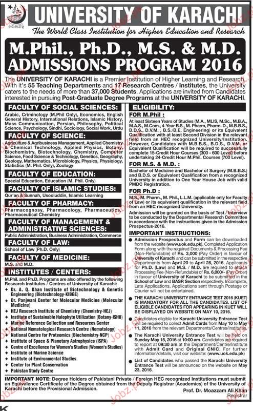 University of Karachi Admission in MS, MD and Phd 2025 Government admissions Phd Other Karachi ...
