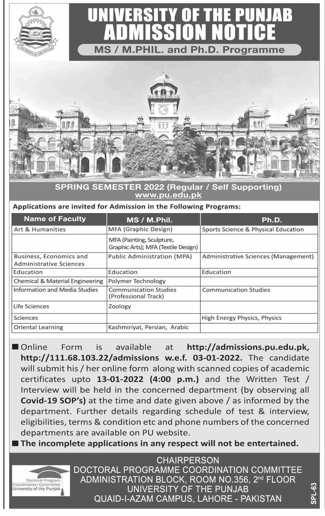 University of the Punjab MS Mphil & PhD Programme Admissions 2022 2025 ...