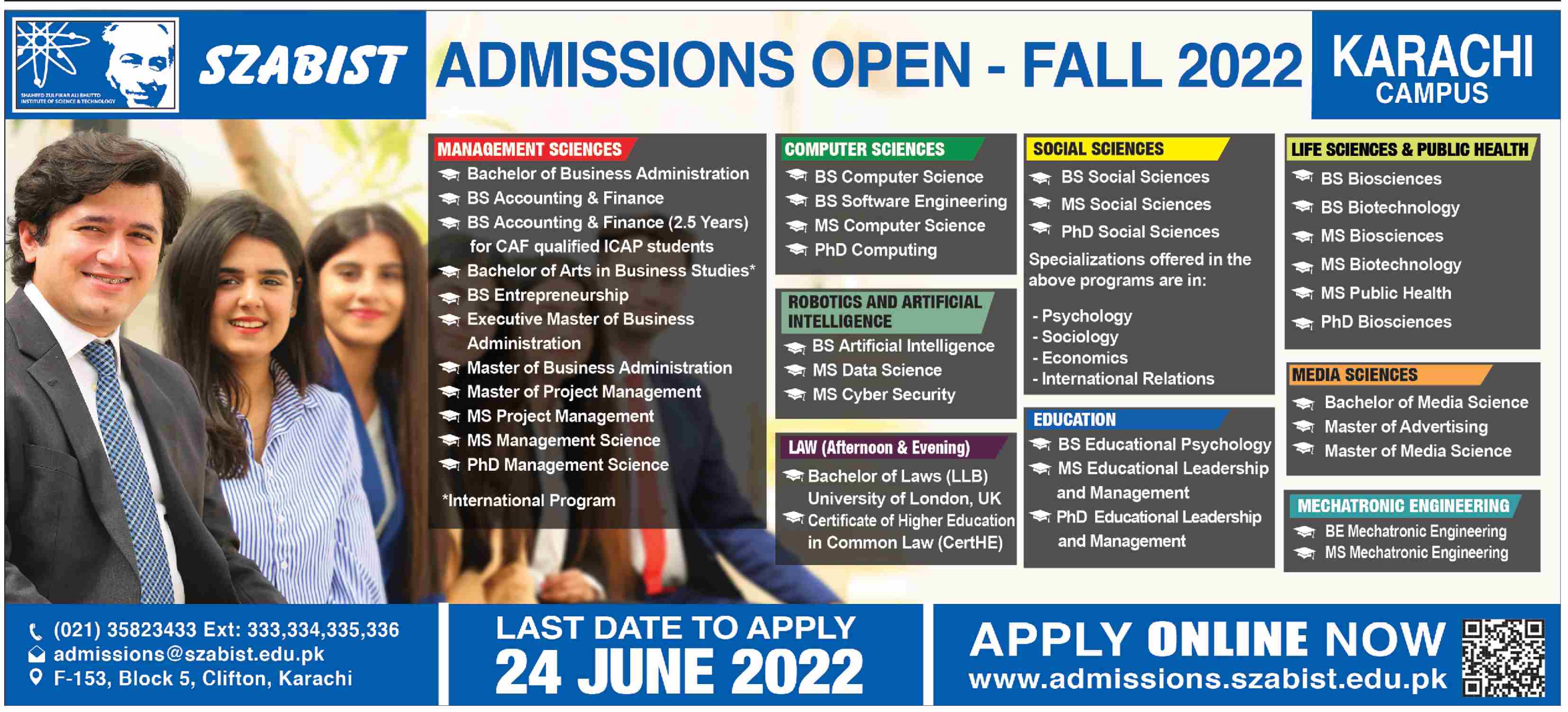 SZABIST Karachi Campus BS MS & PhD Admissions 2022 2025 Government admissions University ...