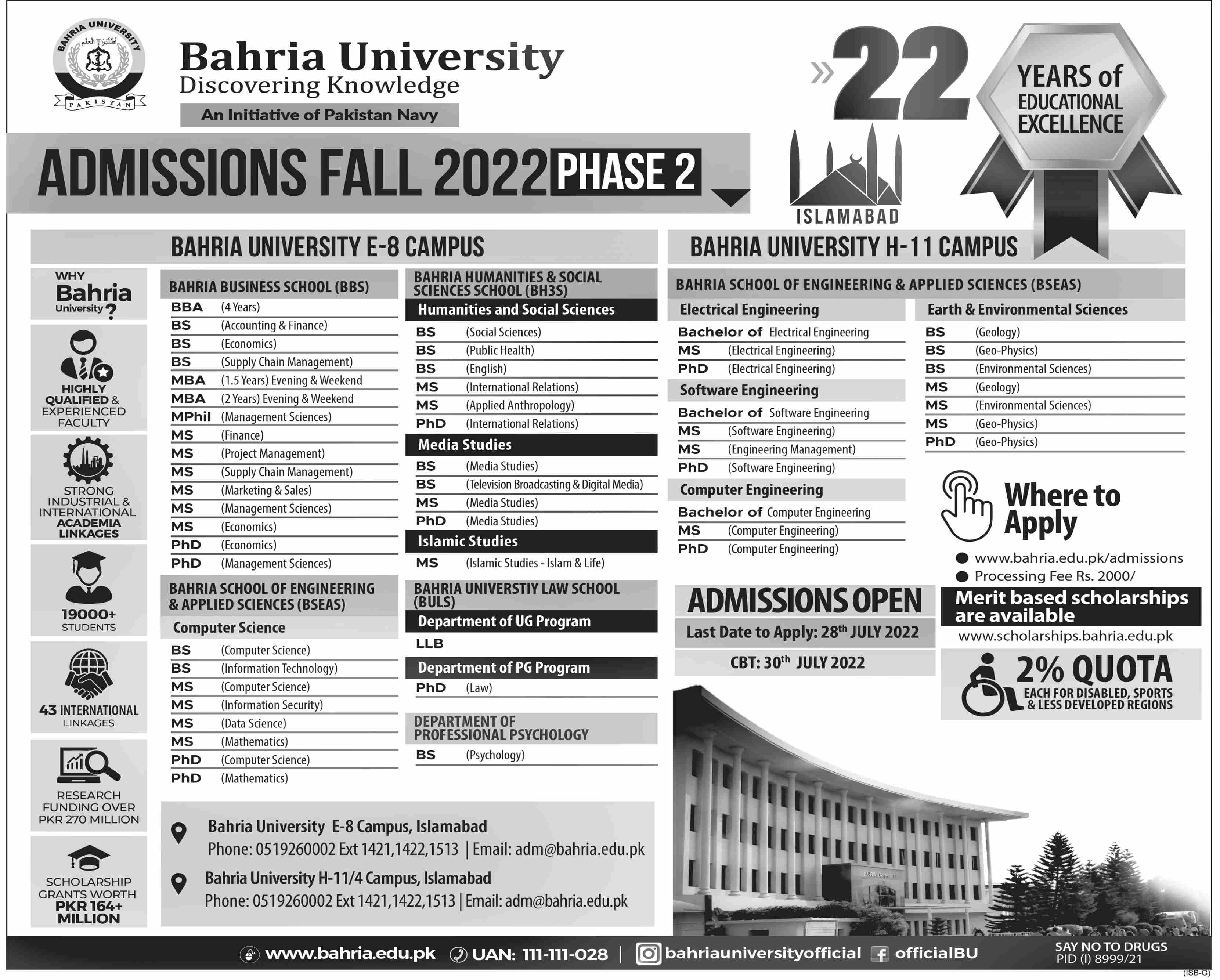 Bahria University BS MS Mphil MBA BBA & PhD Admissions 2022 2025 Government admissions ...