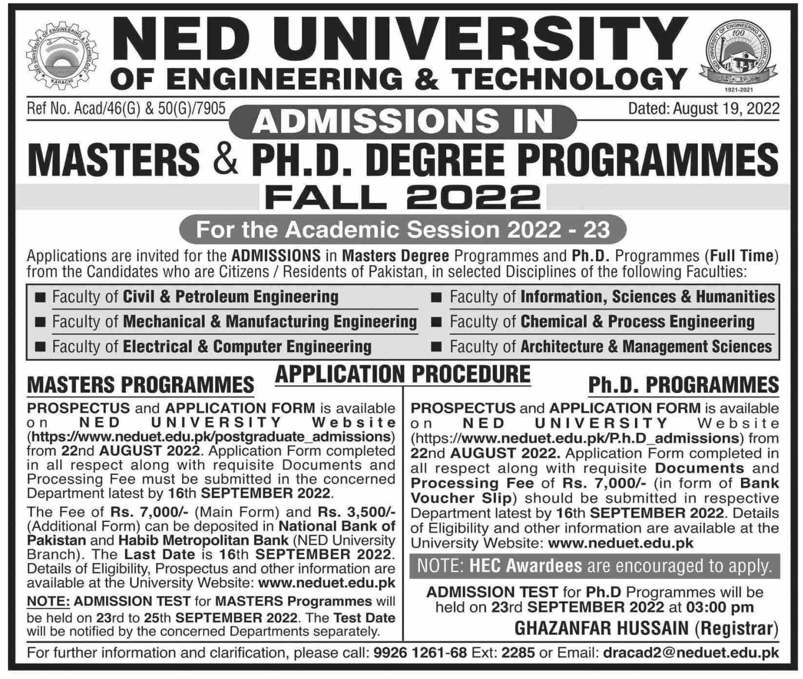 NED University of Engineering and Technology Masters and PhD Admission ...