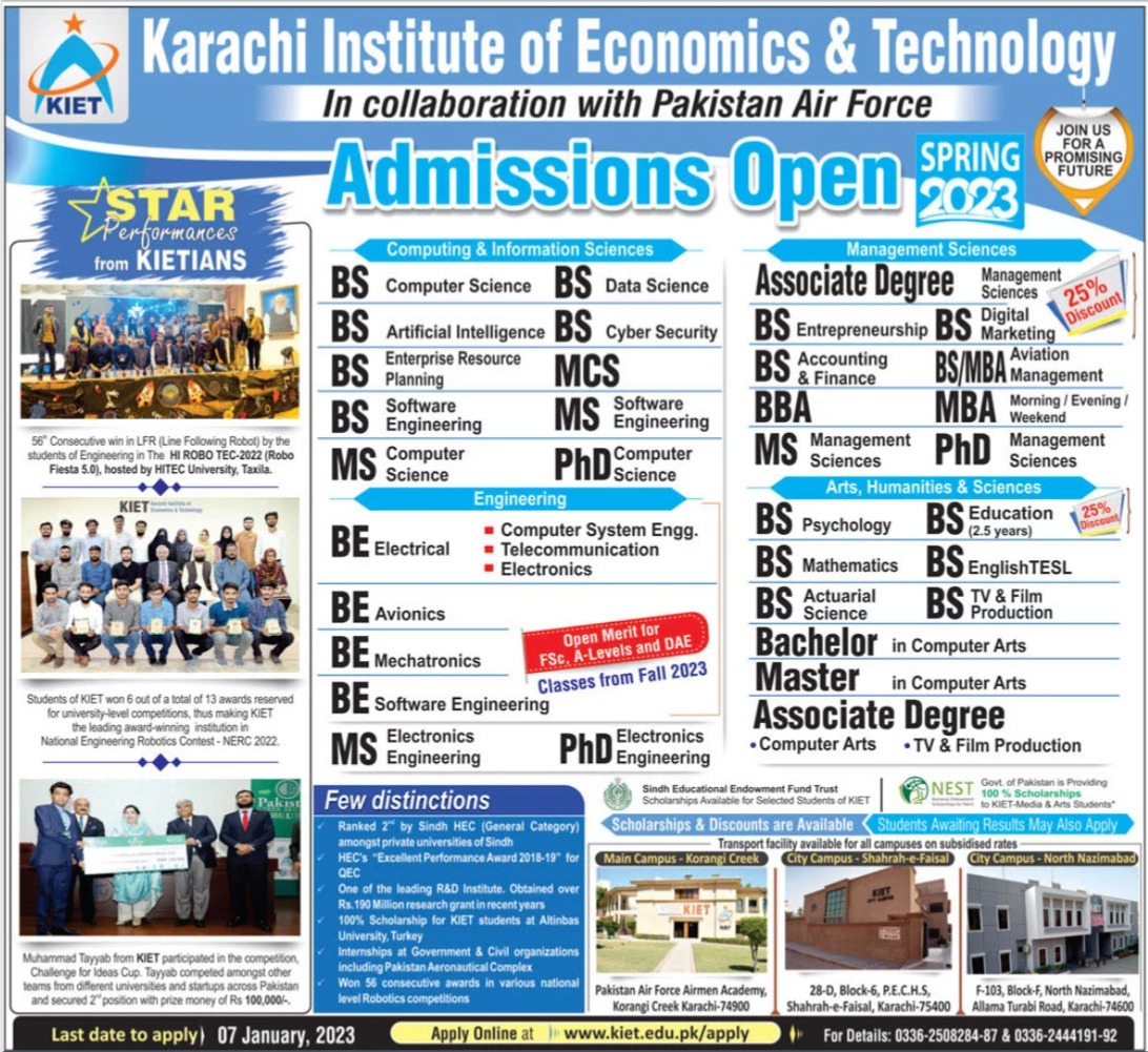 Karachi Institute of Economics & Technology KIET BS BE MS & PhD Admissions 2022 2024 Government ...