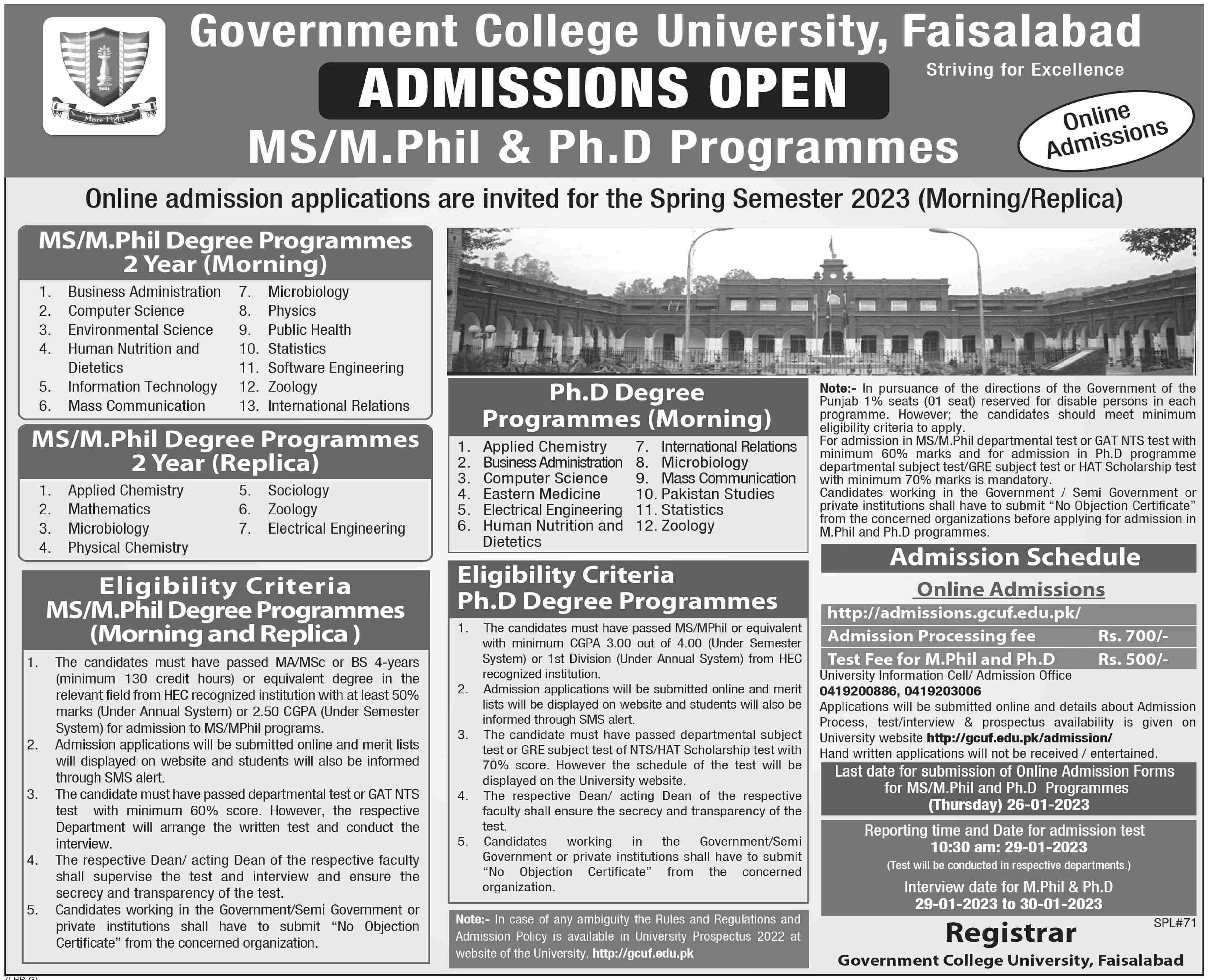 MS, MPhil and PhD admissions at Government College University ...