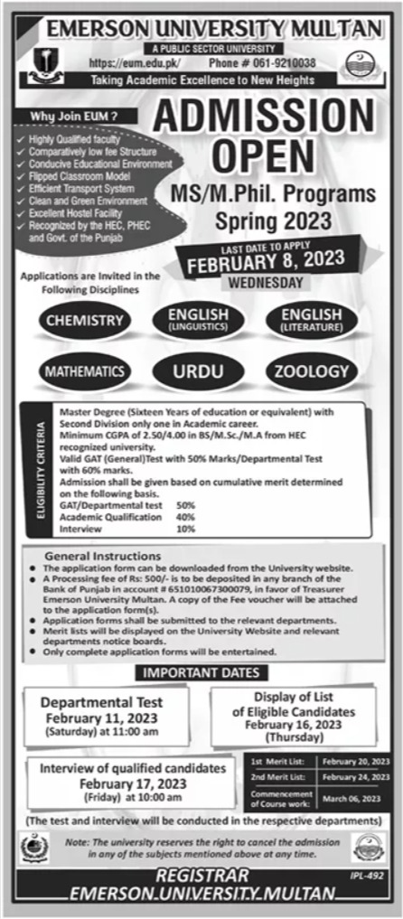 MS and MPhil Program admissions at Emerson University Multan 2023 Private admissions University ...