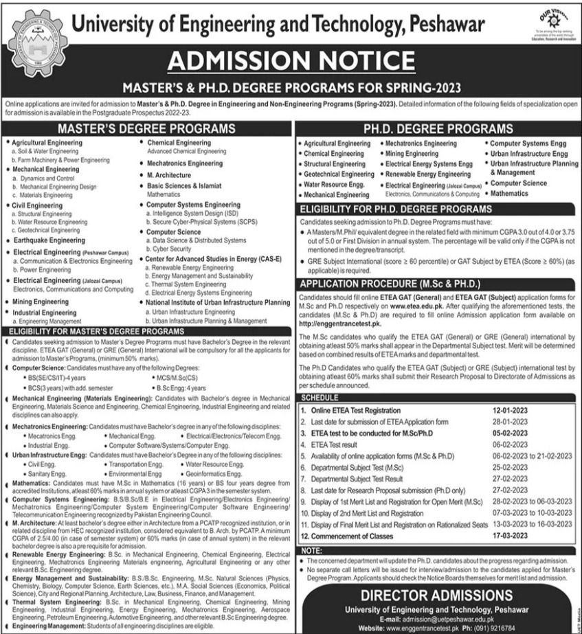 UET Peshawar Master & PhD Program Admissions 2023 2023 Government admissions University ...