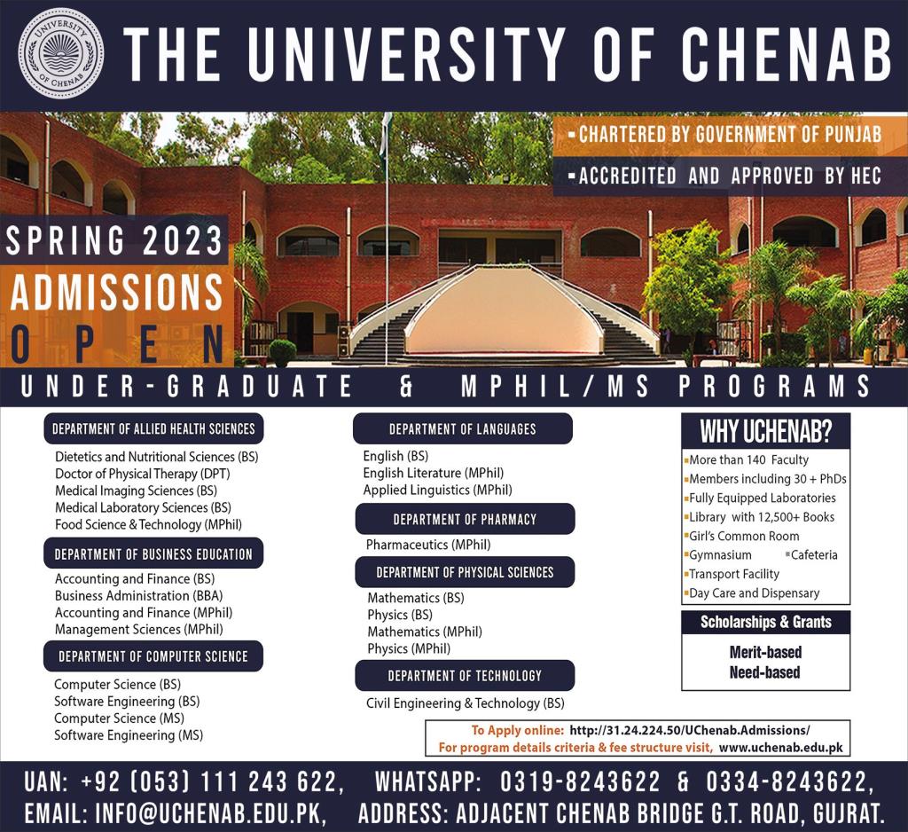 BS, MS and MPhil admissions at The University of Chenab 2024 Private admissions University ...