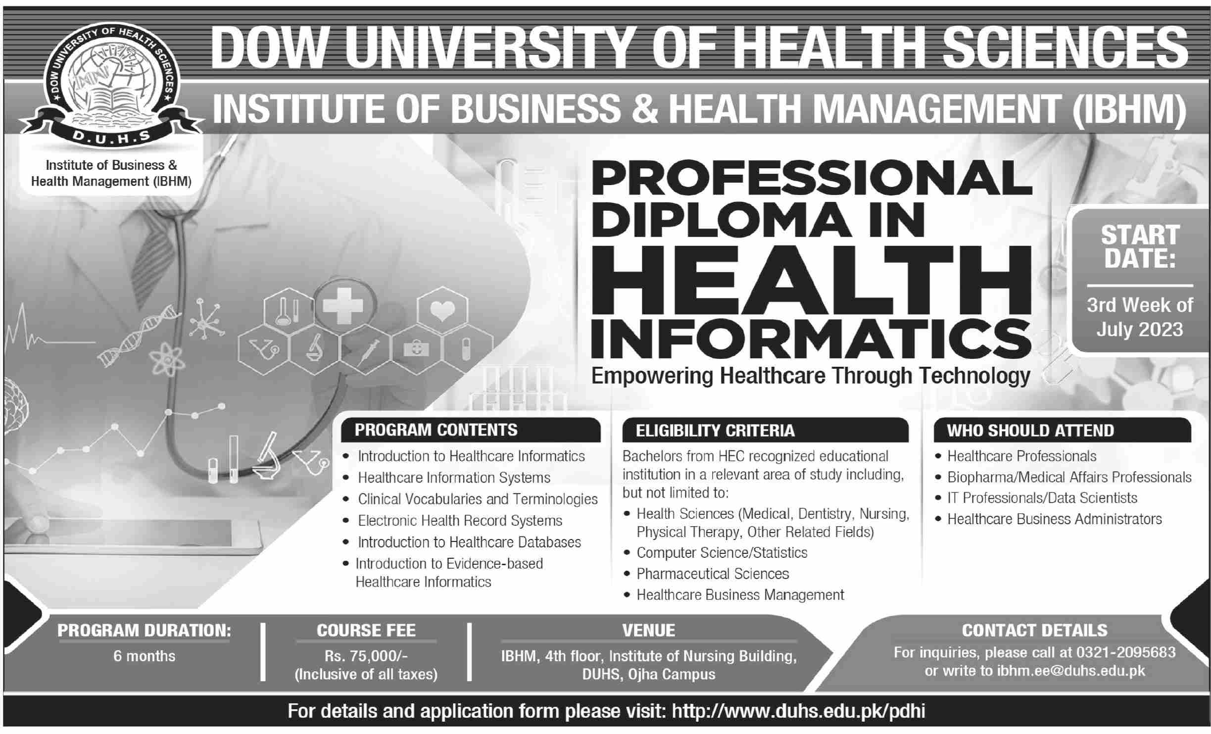 Dow University of Health Sciences Diploma in Health Informatics 2024 Government admissions ...