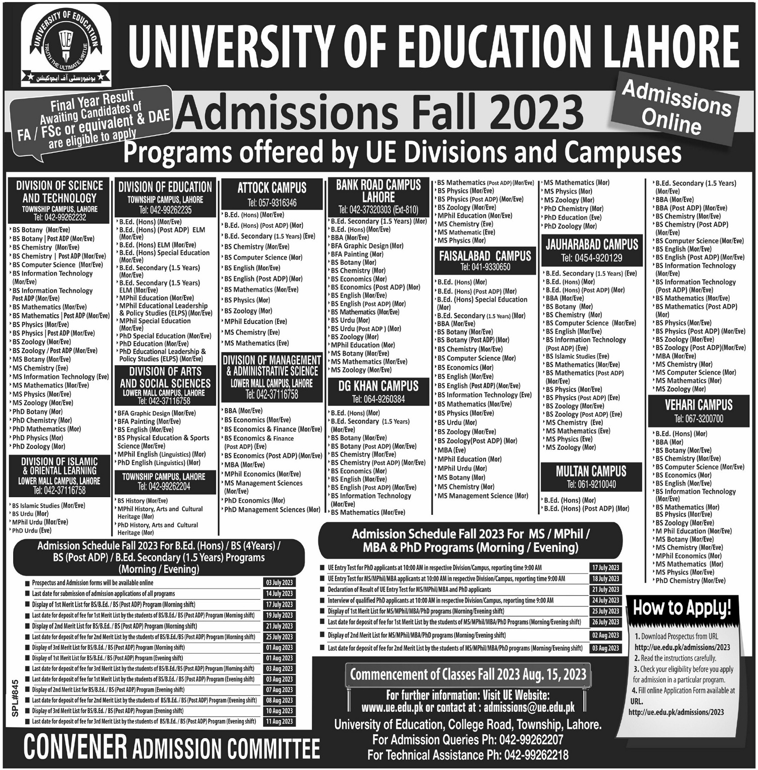 BS, MS, MPhil and PhD Program admissions at University of Education ...