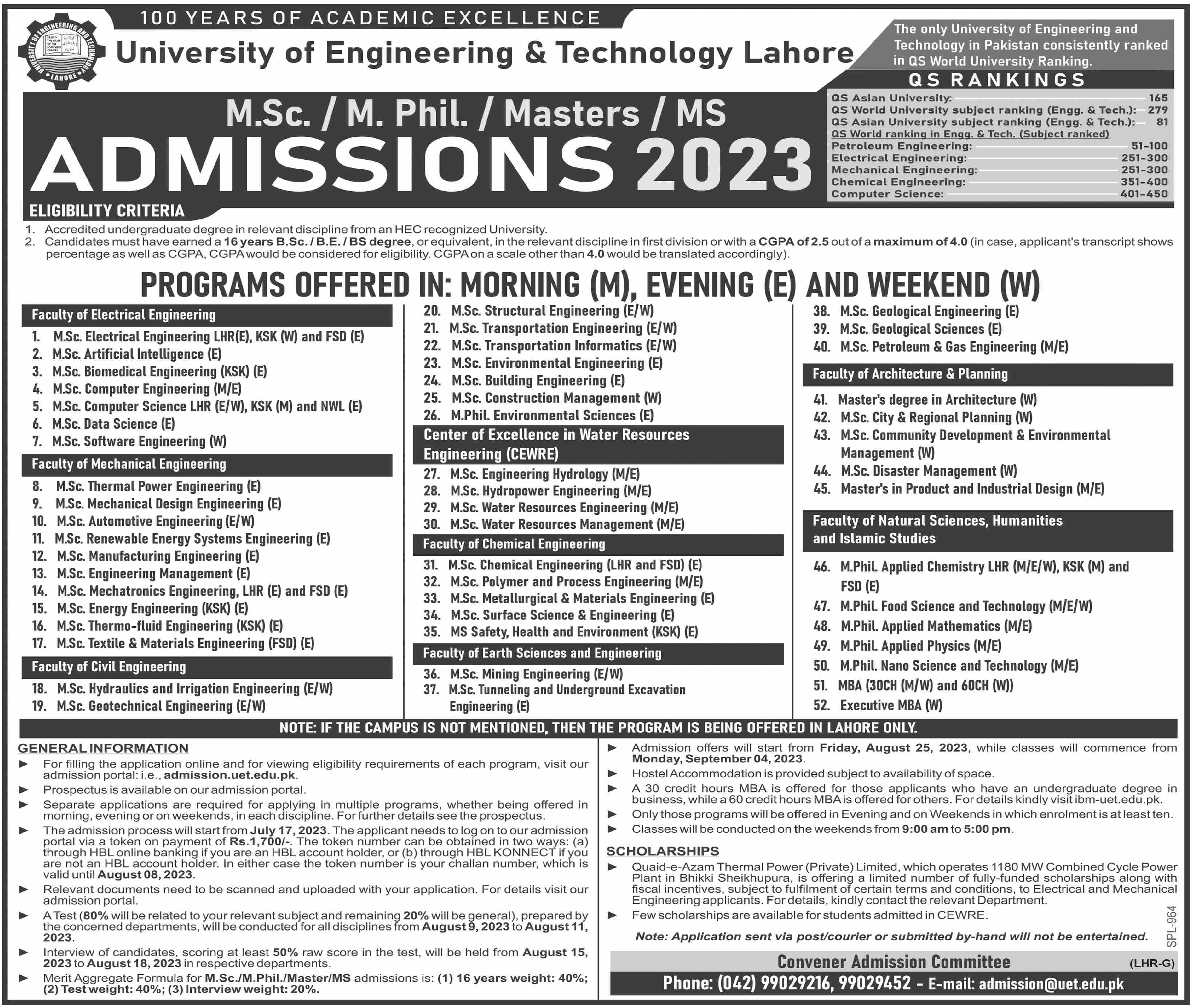 University of Engineering & Technology Lahore MSc MS Mphil Admissions 2023 2025 Government ...