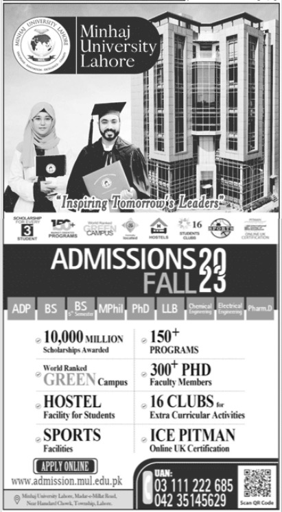 ADP, BS, LLB, MPhil, Pharm D and Phd admissions at Minhaj University ...