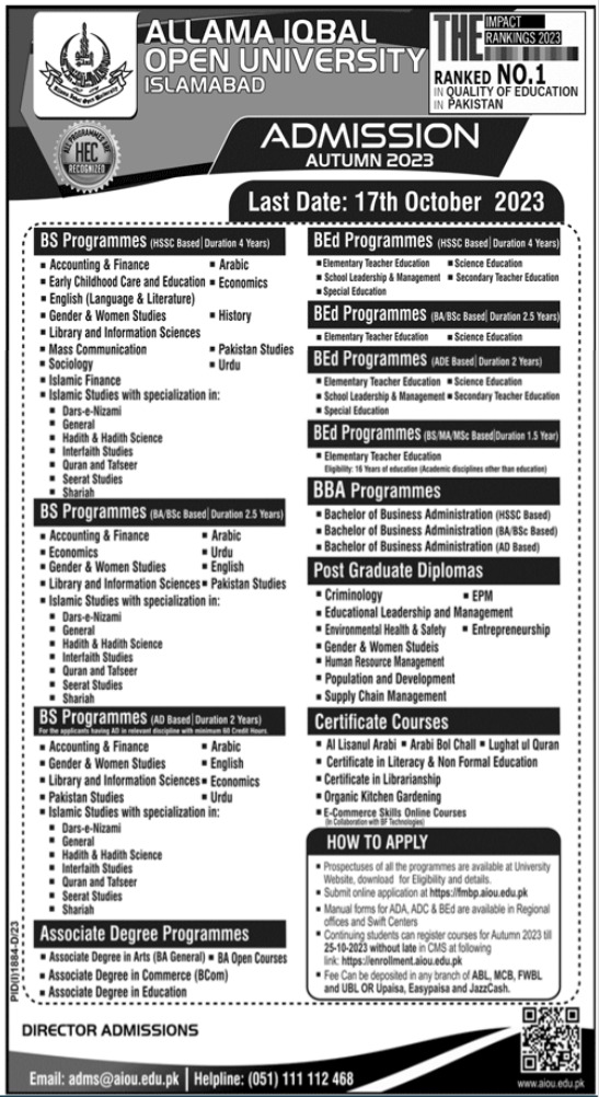 ADP, Courses, PGD and BS admissions at Allama Iqbal Open University AIOU 2025 Government ...