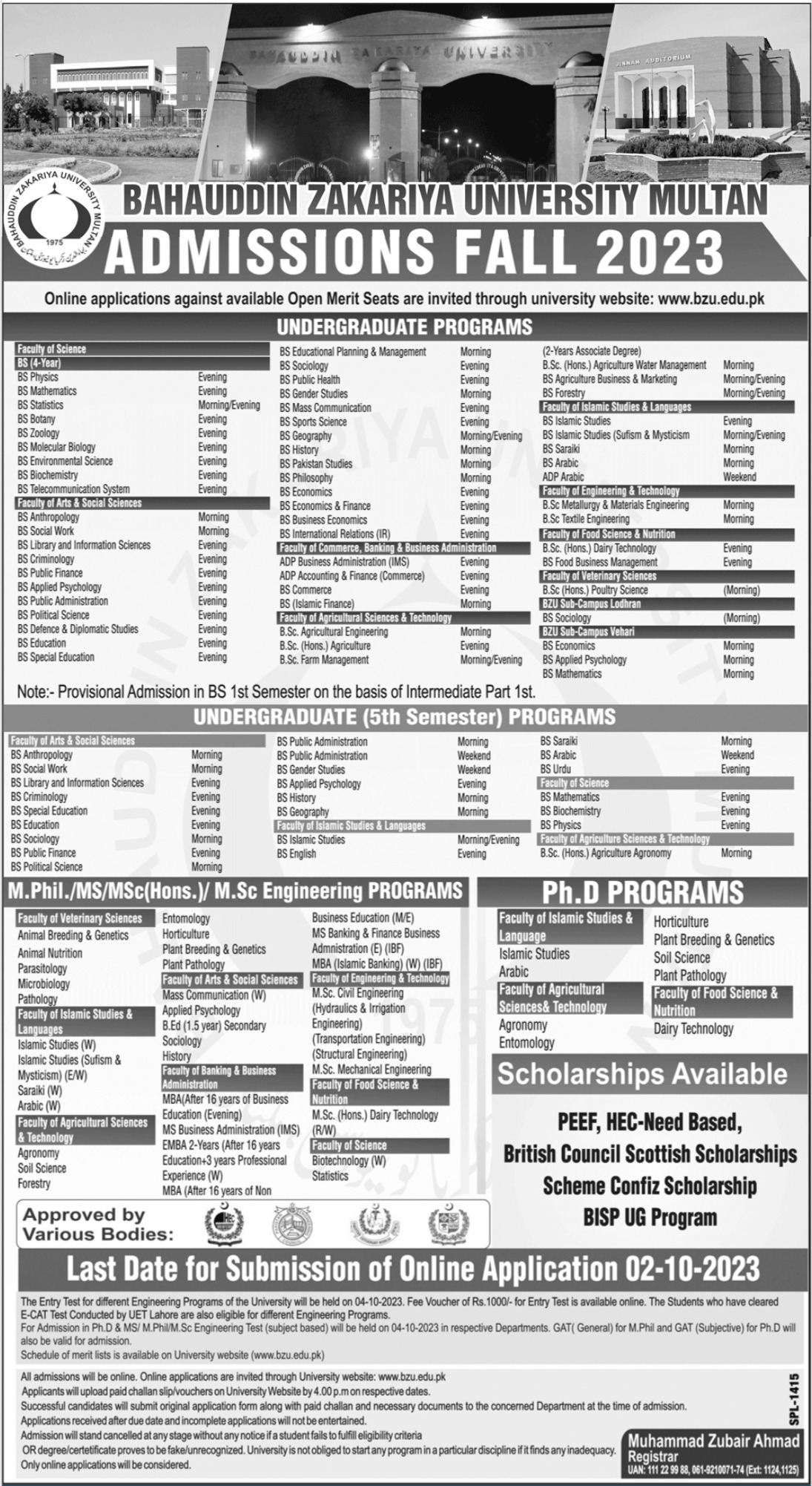 BS, MS, MPhil and PhD admissions at Bahauddin Zakariya University ...