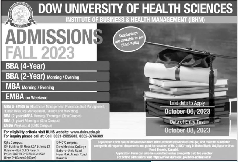 BBA and MBA Program admissions at Dow University of Health Sciences 2024 Government admissions ...