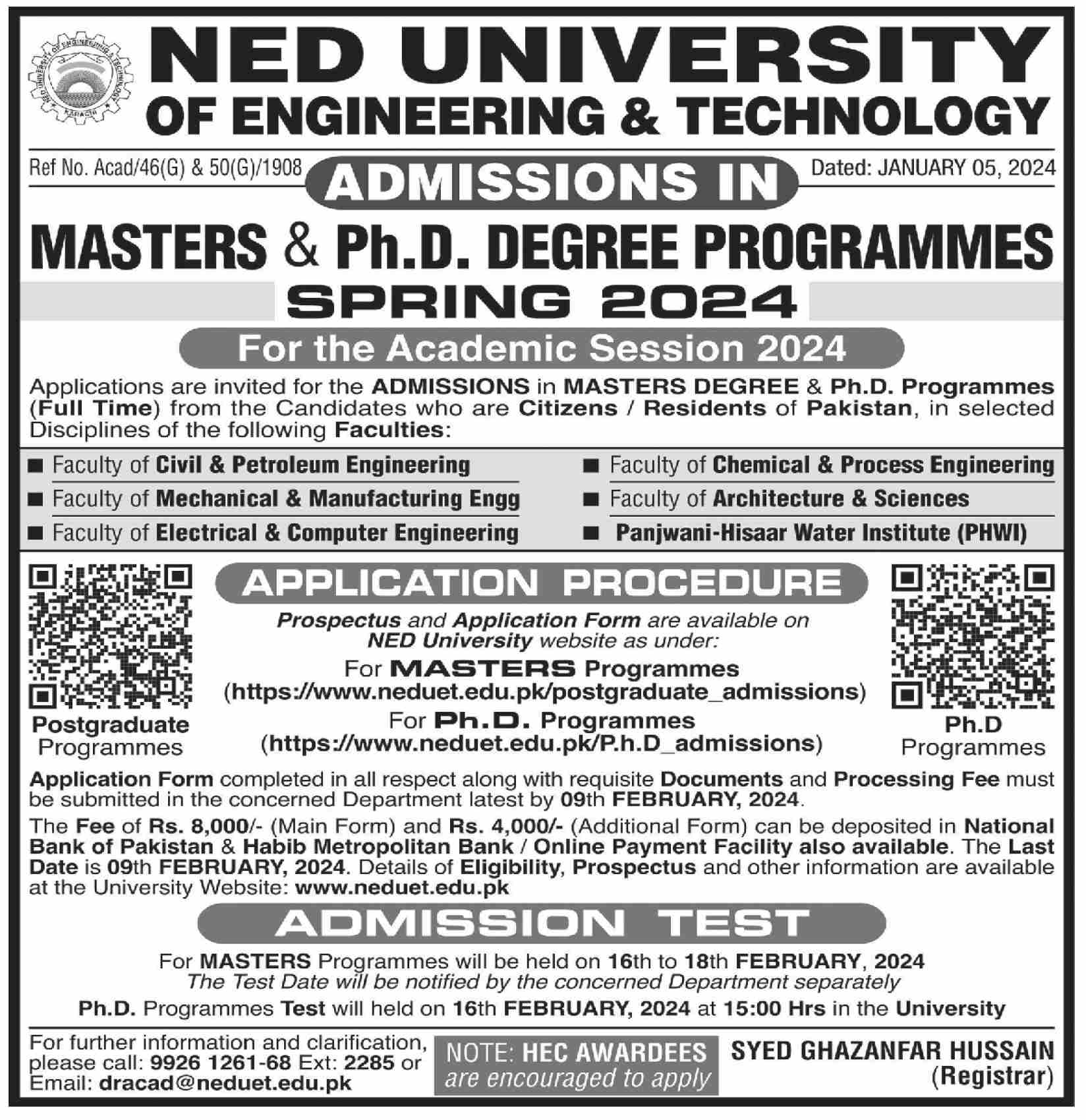 Master and PhD Program admissions at NED University of Engineering 2025 ...