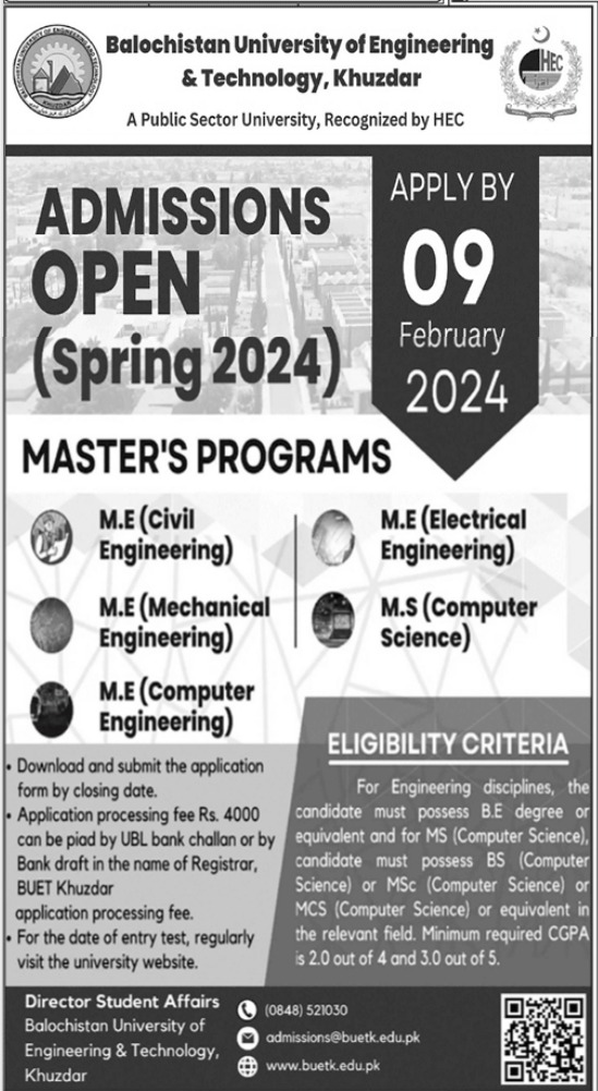 Master admissions at Balochistan University of Engineering and ...