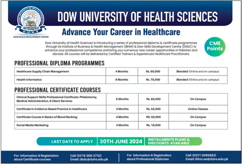 Courses and Diploma Program admissions at Dow University of Health Sciences 2024 Government ...