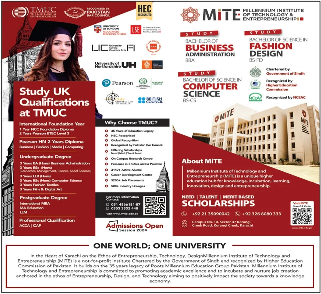 Diploma, BS and MS Program admissions at The Millennium Universal College TUMC 2025 Private ...