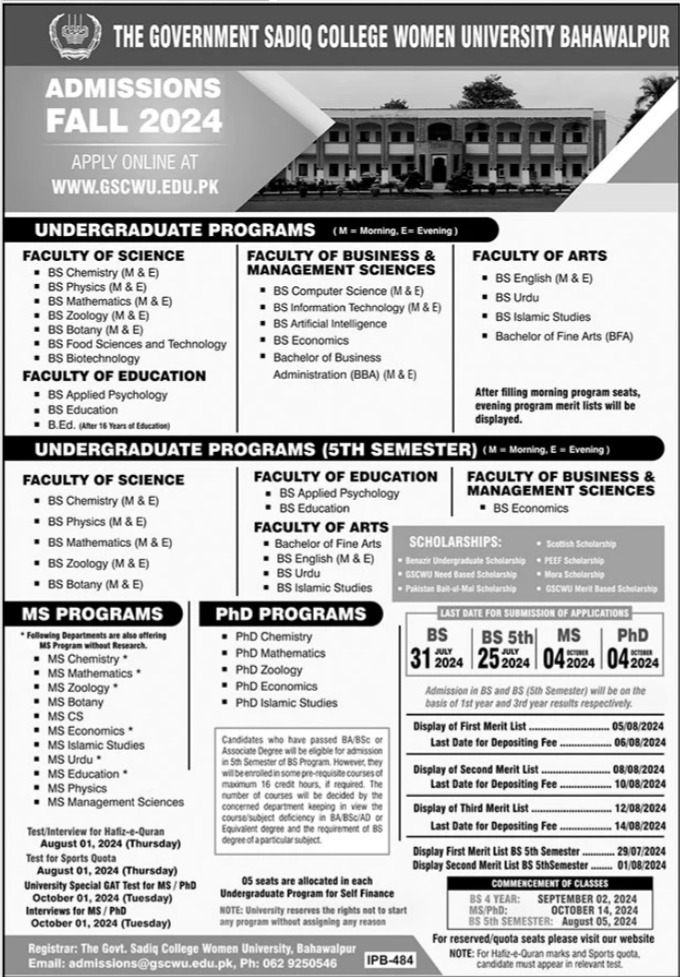 Government Sadiq College Women University Admissions 2024 for Undergraduate 2024 Government ...