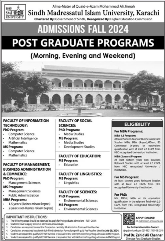 MS and PhD Program admissions at Sindh Madressatul Islam University ...