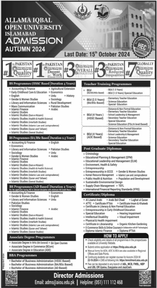 Allama Iqbal Open University AIOU Admissions 2024 for BS Programs 2025 Government admissions ...