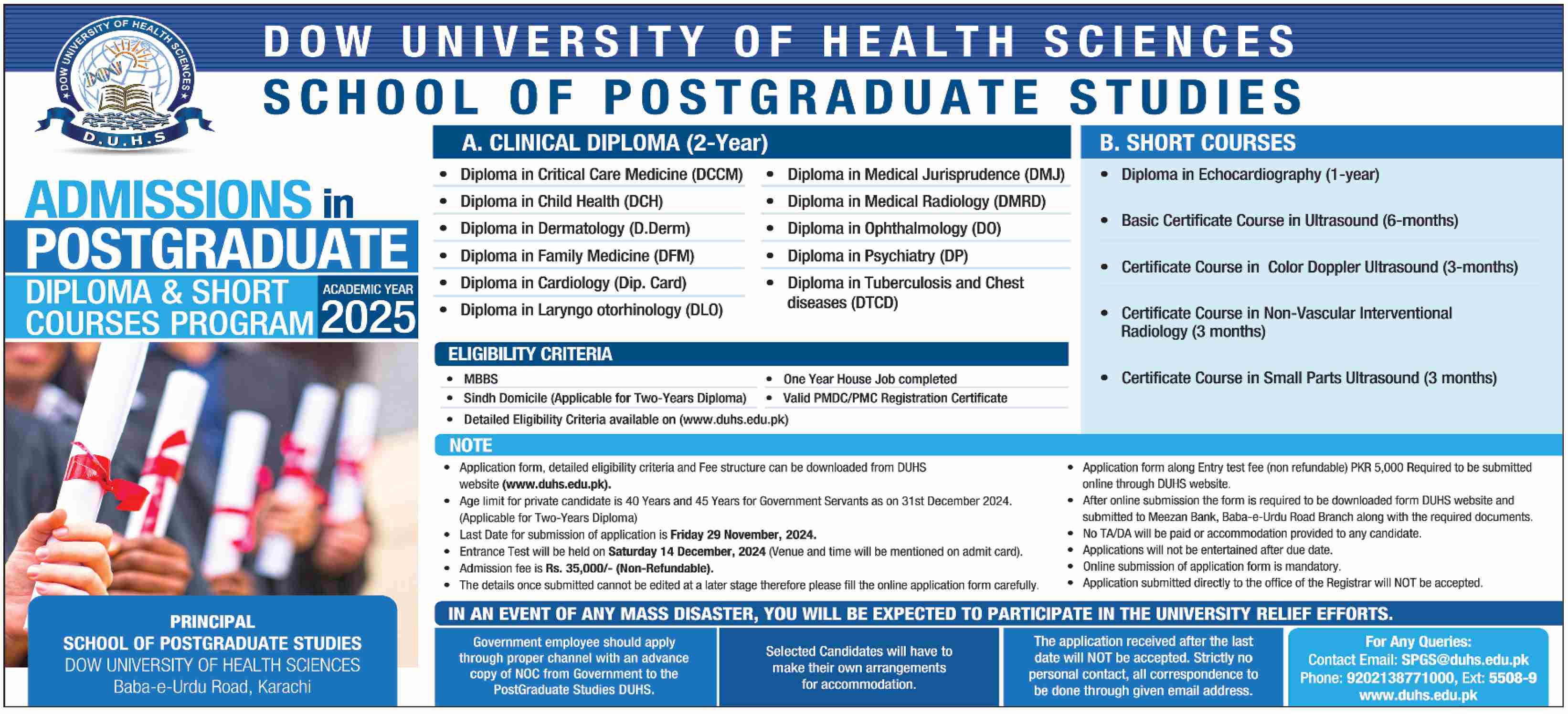 Dow University of Health Science Diploma & Short Courses Admissions 2024 2024 Government ...