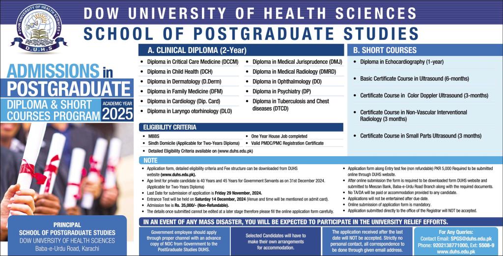 Dow University of Health Science Diploma & Short Courses Admissions 2024 2024 Government ...