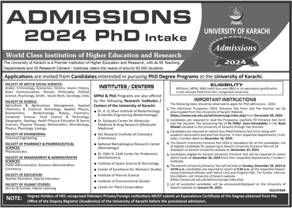 PhD admissions at University of Karachi 2025 Government admissions University Science Karachi ...