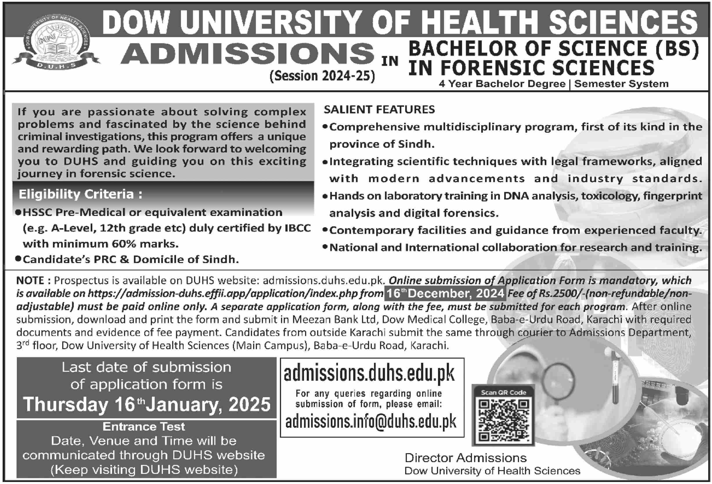 Dow University of Health Sciences DUHS Admissions 2024 for BS Program 2025 Government admissions ...