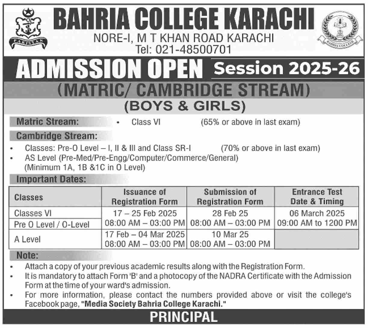 Class 7th Admission Open In Bahria College Karachi 2025 Private admissions College Science ...