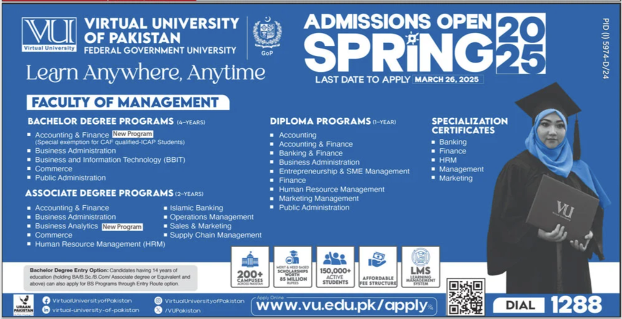 BS Programs Admission 2025 In Virtual Uniersity 2025 Private admissions ...