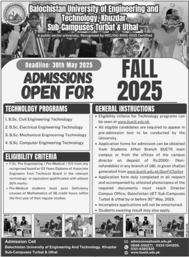 BS Admissions 2025 open in Balochistan University of Engineering & Technology 2025 Private ...