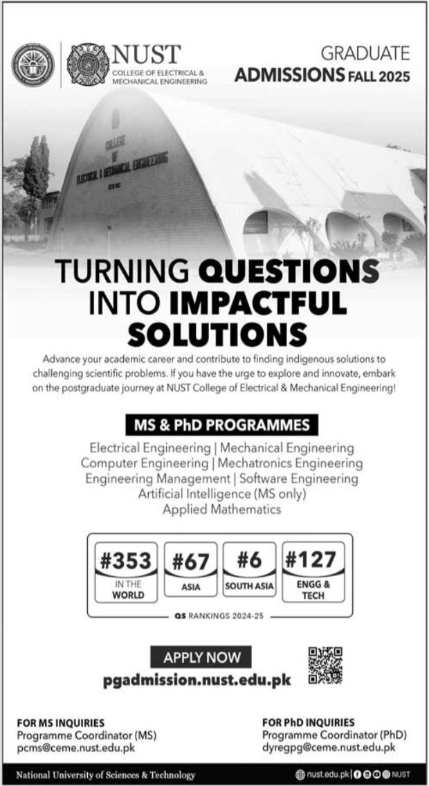 MS&PHD Admissions 2025 open in NUST 2025 Government admissions University Engineering Islamabad ...
