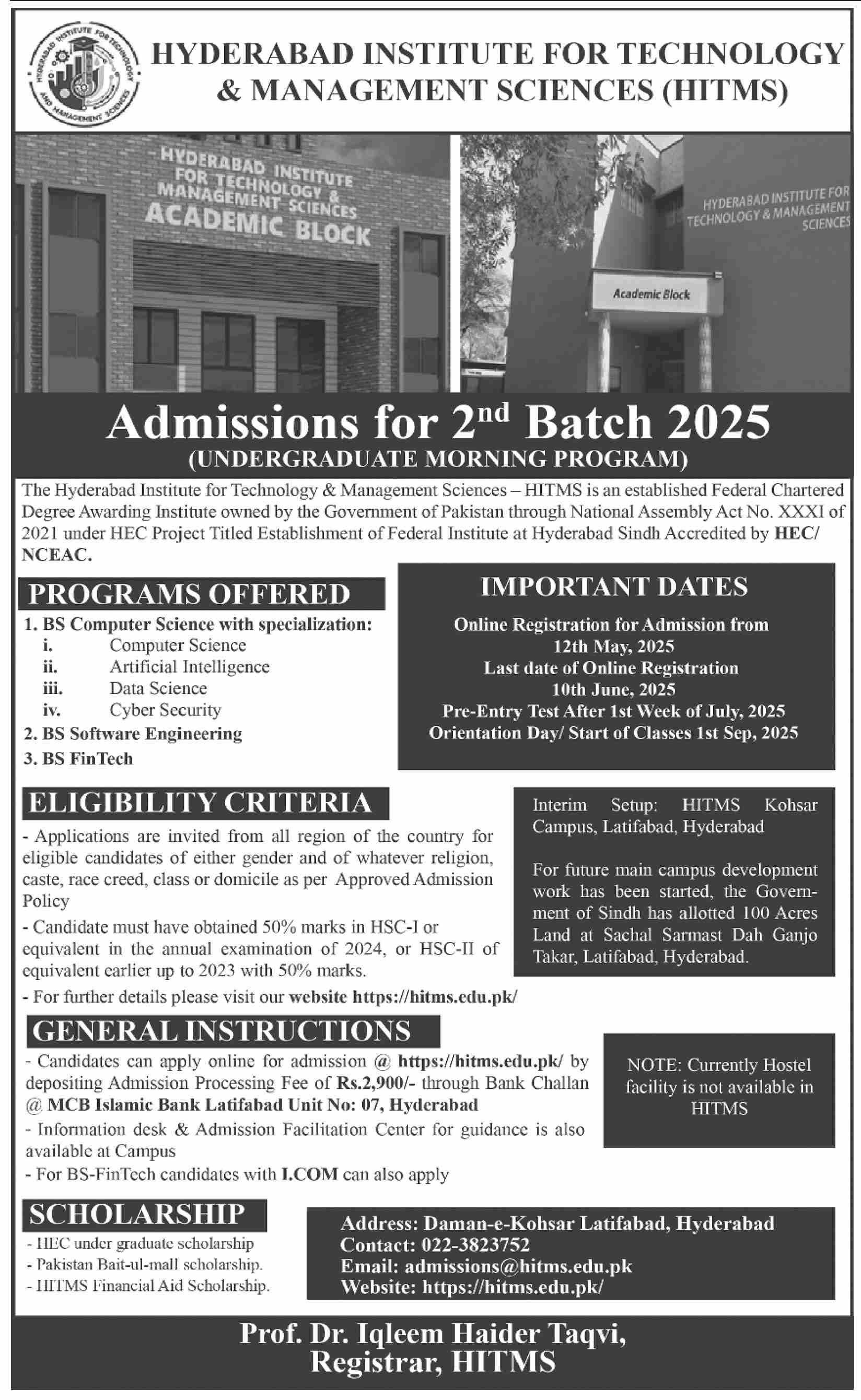 BS Admissions 2025 open in HITMS 2025 Government admissions University Technical Hyderabad Sindh ...