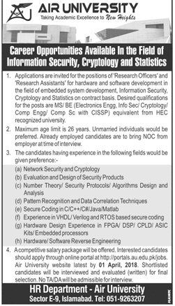 Air University Islamabad Research Officer Jobs 2022 Job Advertisement ...