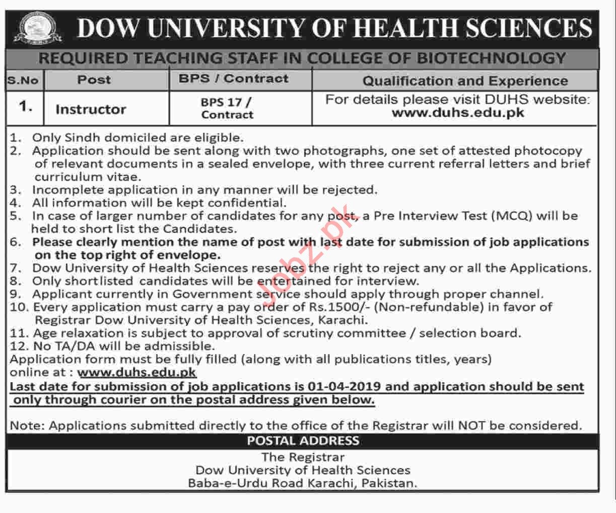Dow University of Health and Sciences DUHS Instructor Job 2025 Job Advertisement Pakistan