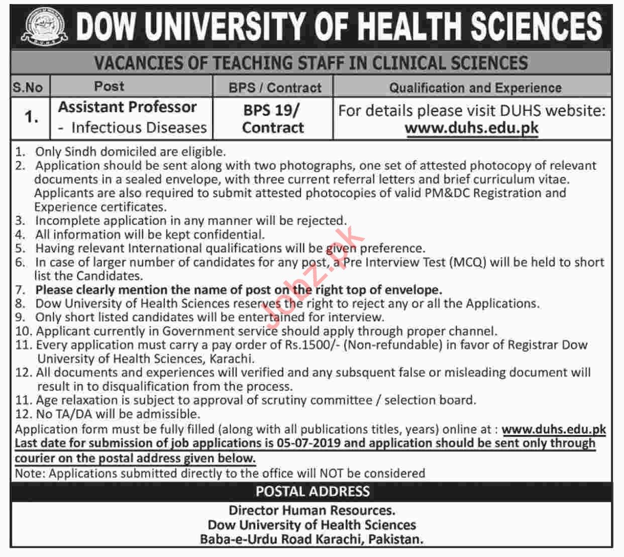 Dow University of Health & Sciences DUHS Karachi Jobs 2019 2025 Job Advertisement Pakistan