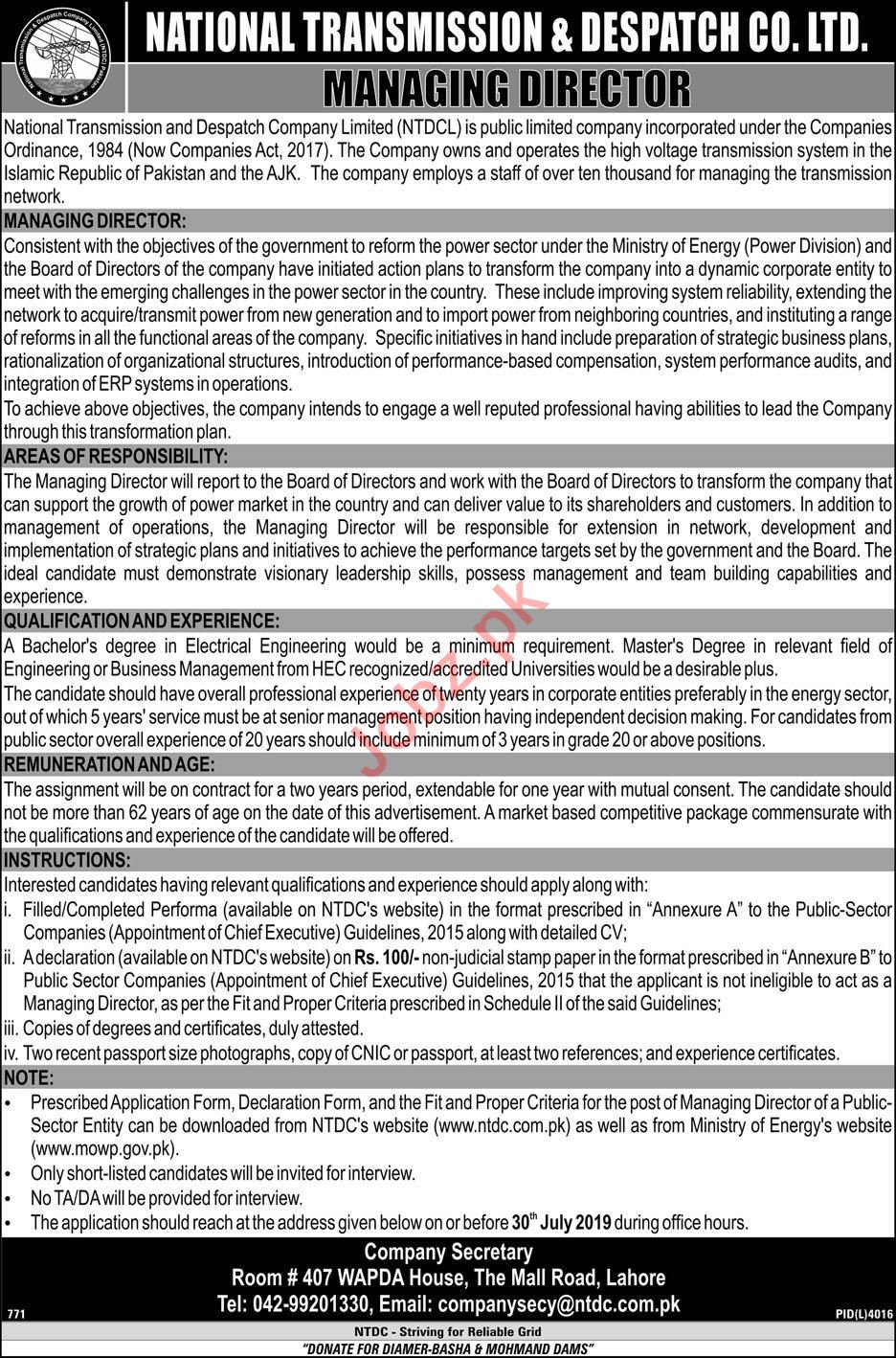 National Transmission & Despatch Company NTDC Jobs in Lahore 2025 Job Advertisement Pakistan