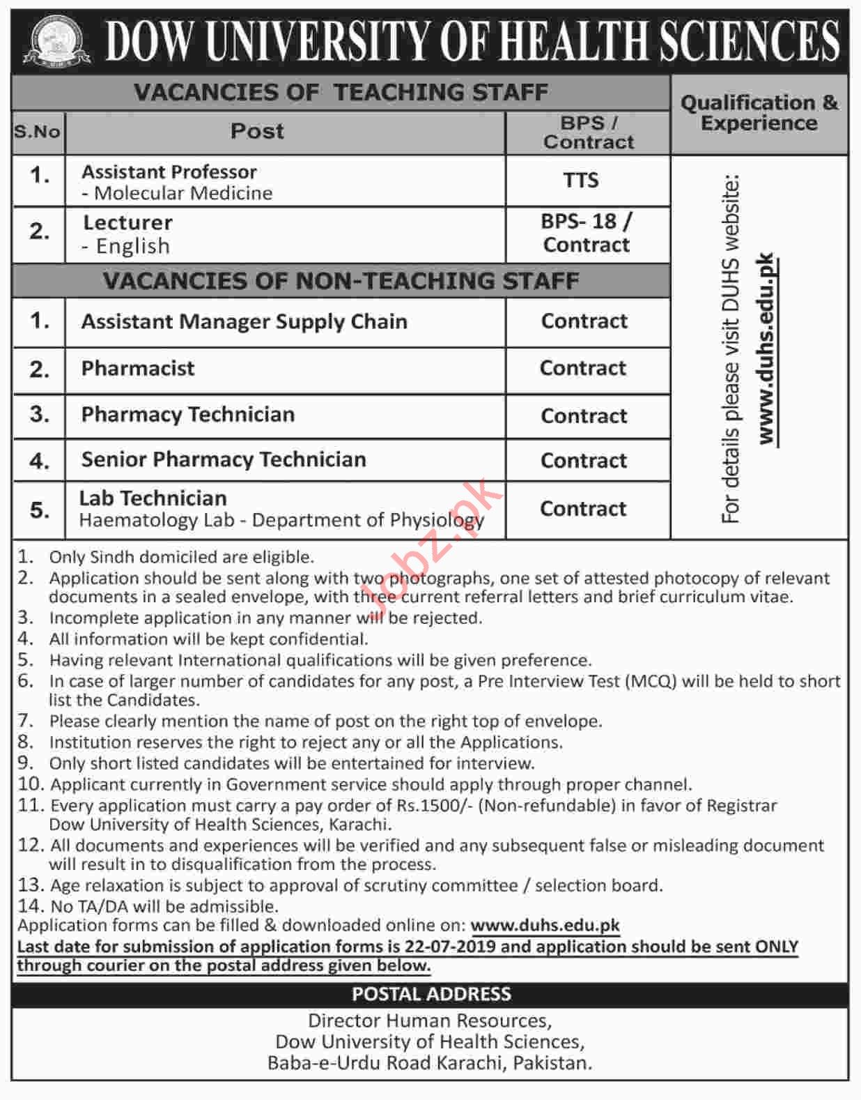 Dow University of Health Sciences DUHS Jobs For Karachi 2025 Job Advertisement Pakistan