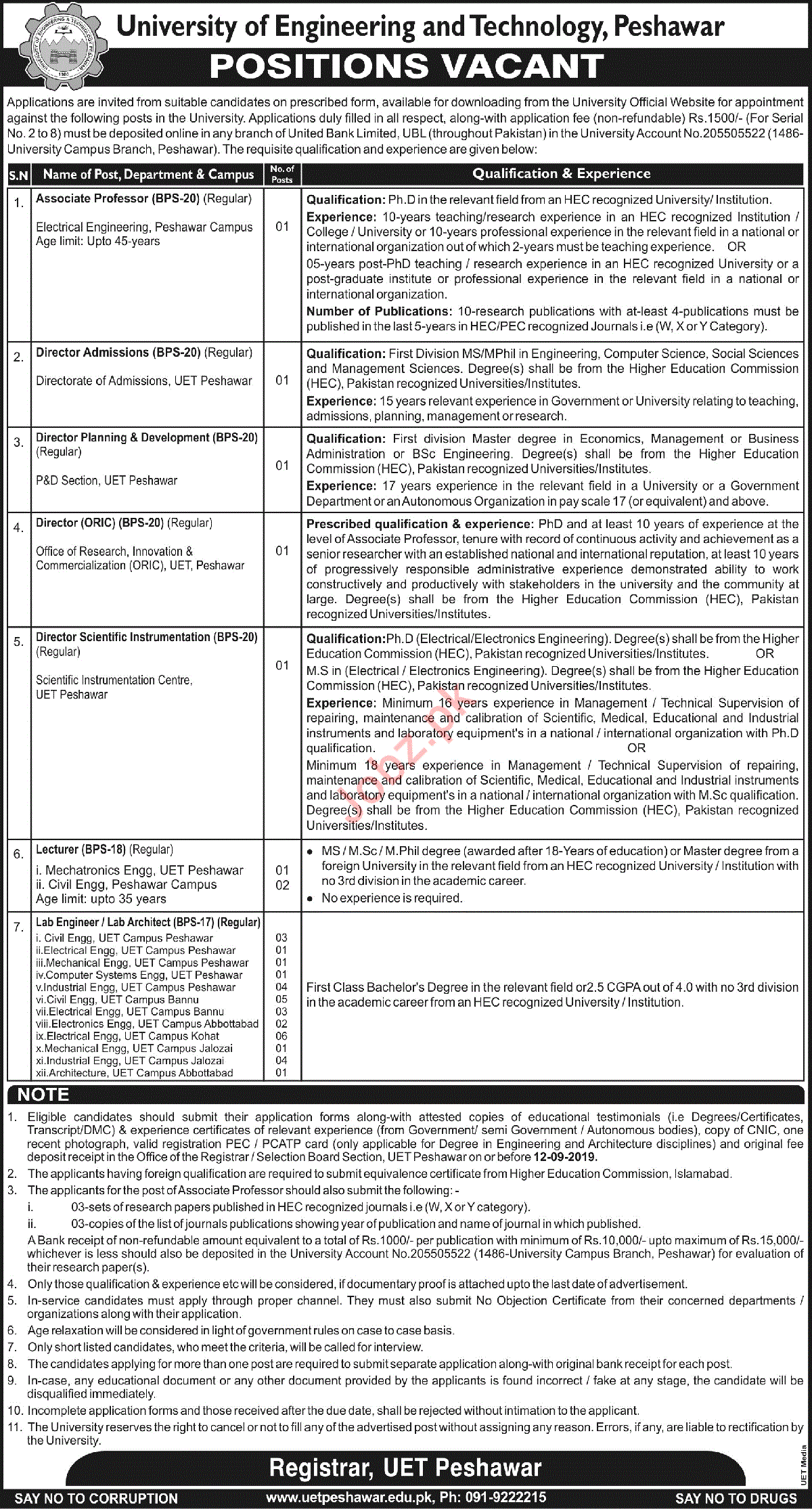 UET University Of Engineering & Technology Peshawar Job 2019 2025 Job ...