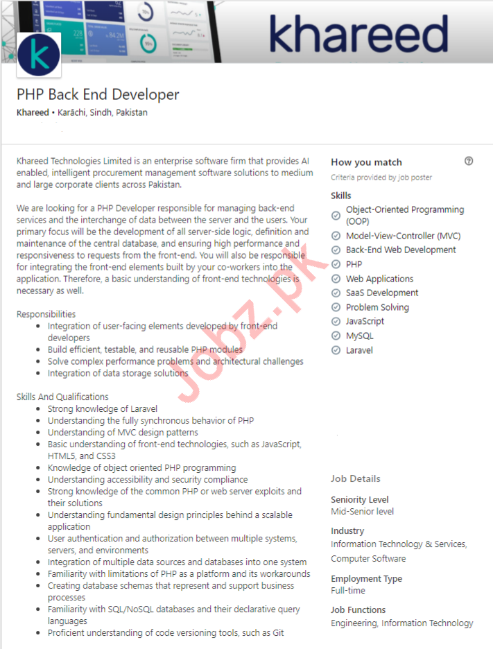 PHP Back End Developer Job in Karachi 2025 Job Advertisement Pakistan