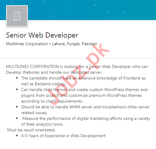 Senior Web Developer Job 2020 in Lahore 2025 Job Advertisement Pakistan