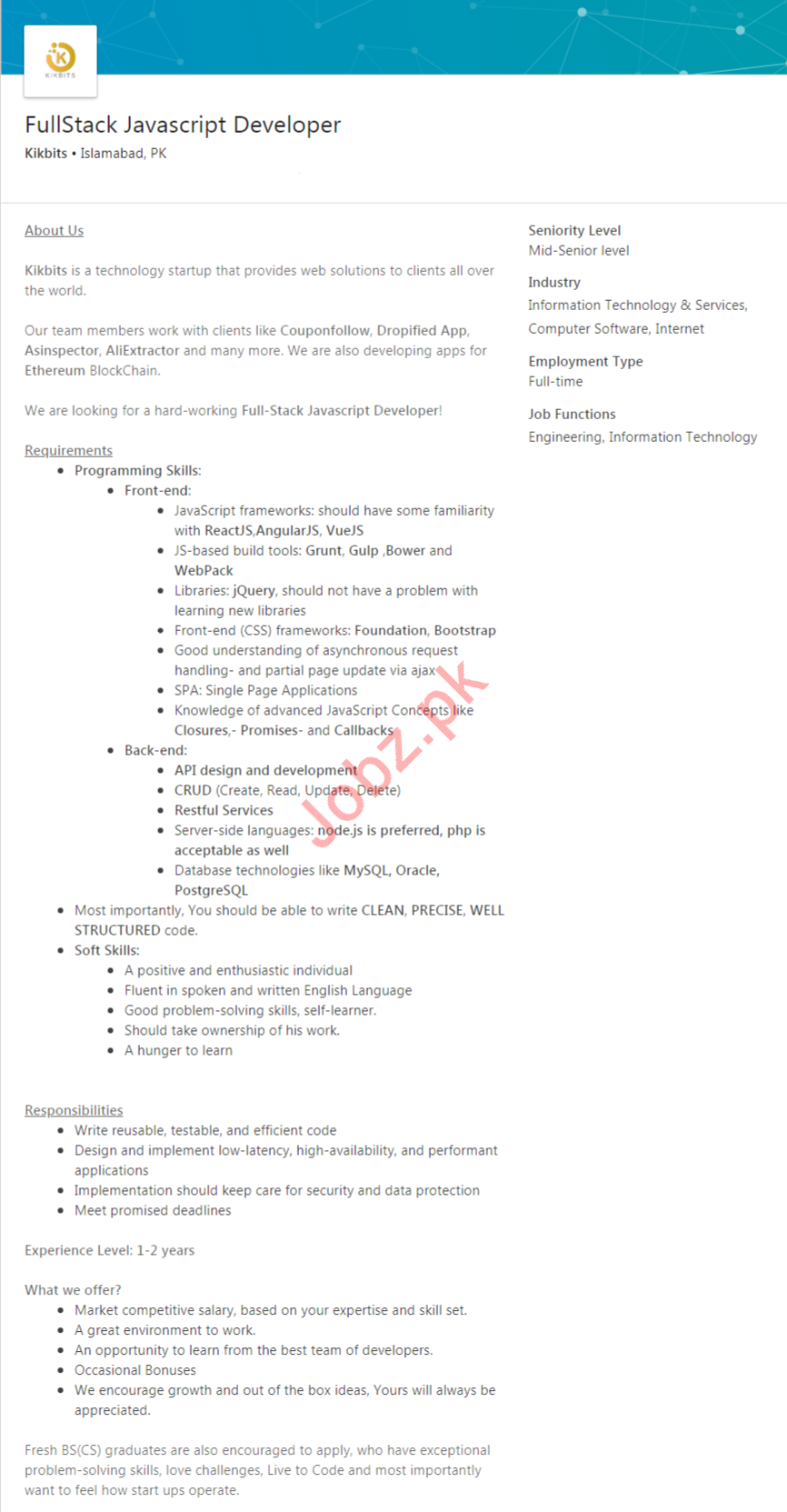 Full Stack Java Script Developer Jobs in Kikbits Company 2024 Job ...