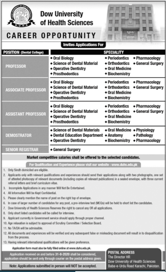 Dow University of Health & Sciences DUHS Karachi Jobs 2020 2025 Job Advertisement Pakistan