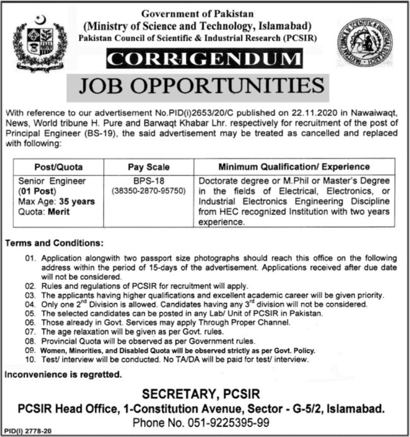 Pakistan Council of Scientific & Industrial Research Jobs 2023 Job Advertisement Pakistan