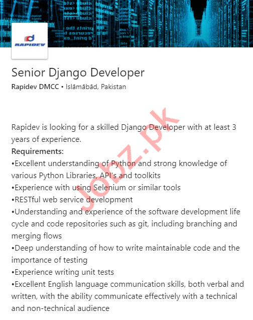 Rapidev DMCC Islamabad Jobs 2020 Senior Django Developer 2025 Job ...