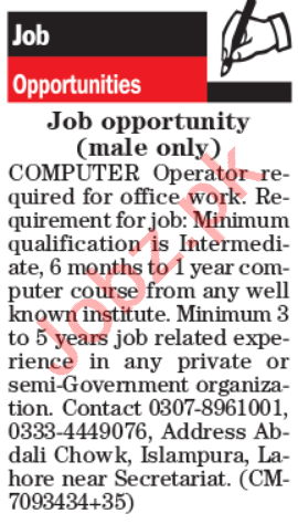 Computer Operator & Clerk Jobs 2021 in Lahore 2025 Job Advertisement ...