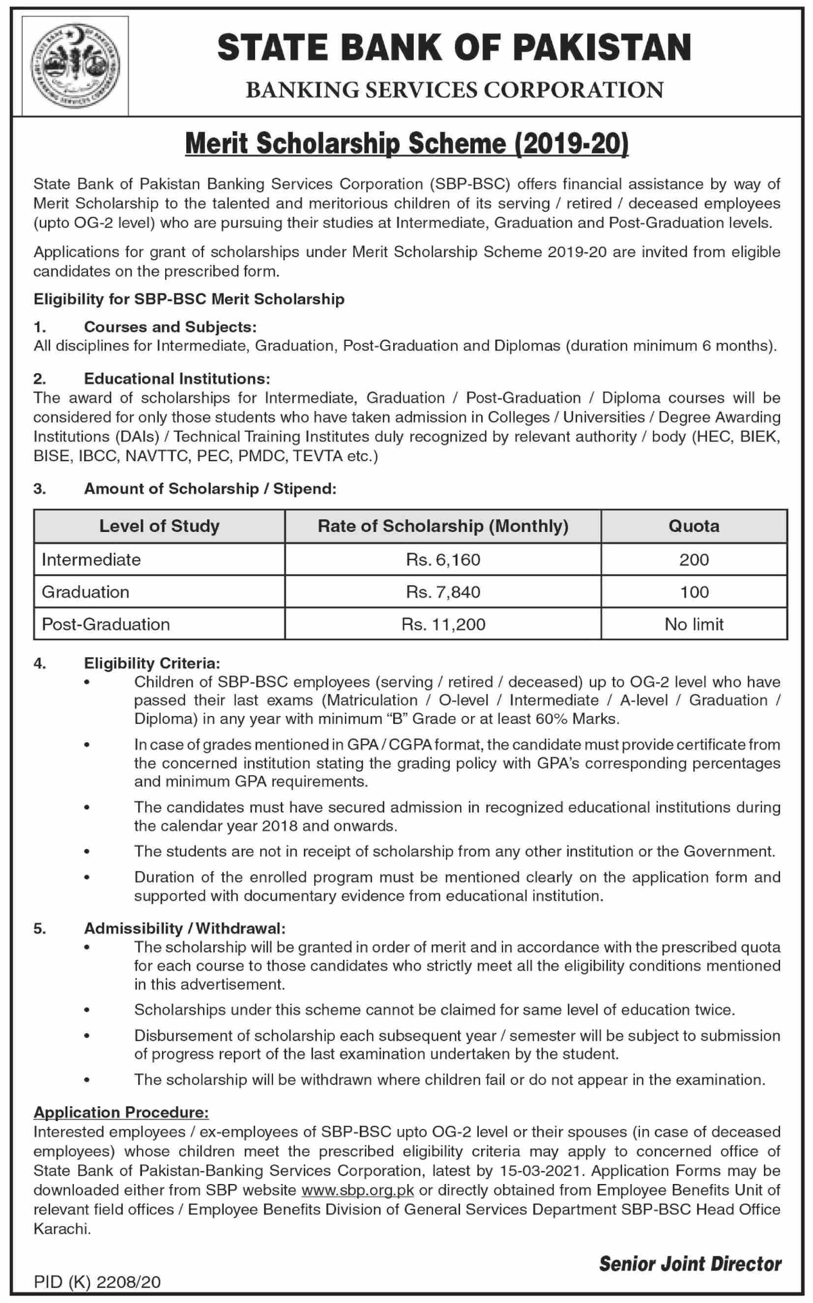 State Bank of Pakistan SBP Merit Scholarship Scheme 2024 Job Advertisement Pakistan