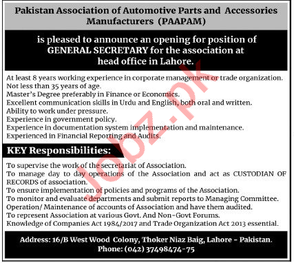 Pakistan Association of Automotive Parts Secretary Jobs 2021 2024 Job ...