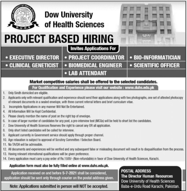 Dow university of Health Sciences DUHS Jobs 2021 2025 Job Advertisement Pakistan