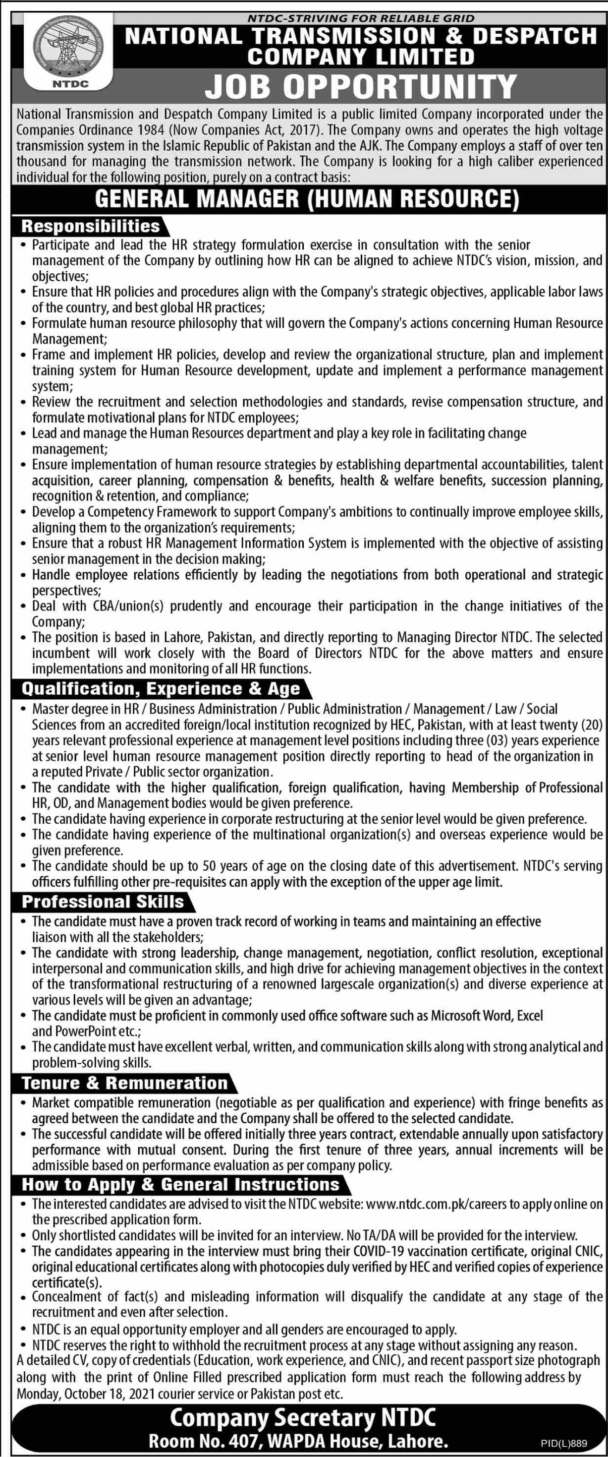 NTDC National Transmission and Despatch Company Lahore Jobs 2025 Job Advertisement Pakistan